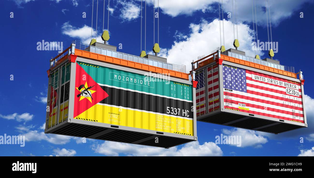 Shipping containers with flags of Mozambique and USA - 3D illustration ...