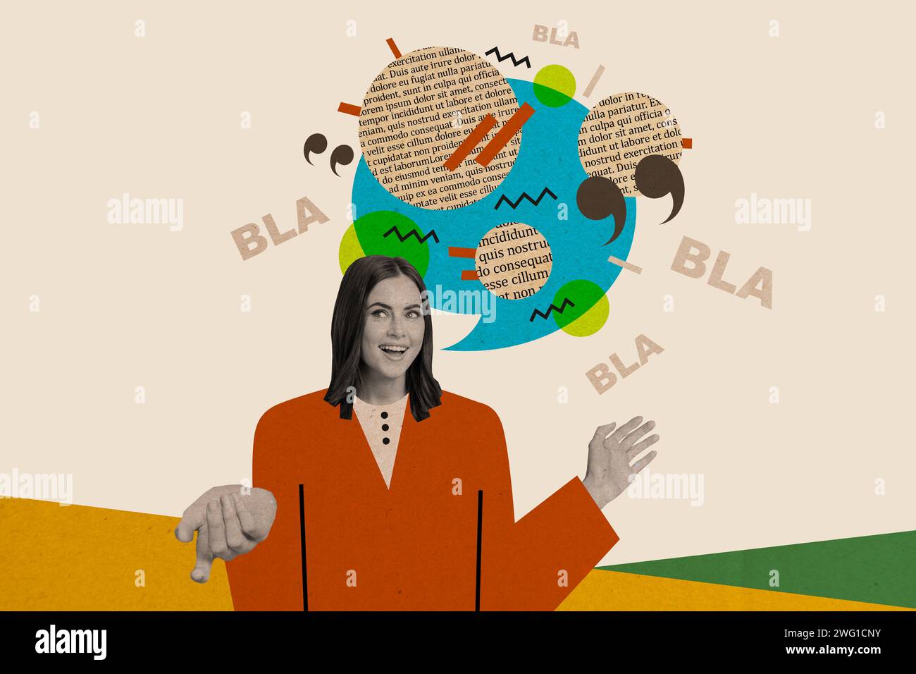 Photo collage young talkative girl communicate phrase quote cite share ...