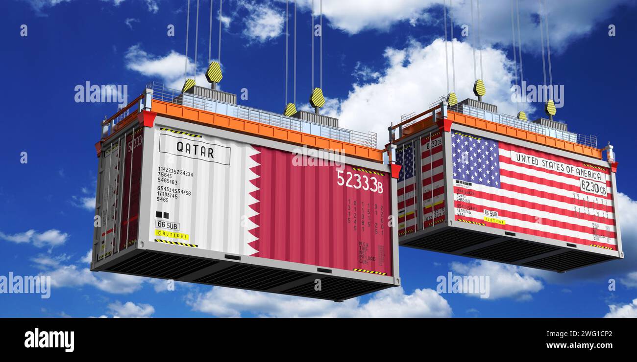 Shipping containers with flags of Qatar and USA - 3D illustration Stock ...