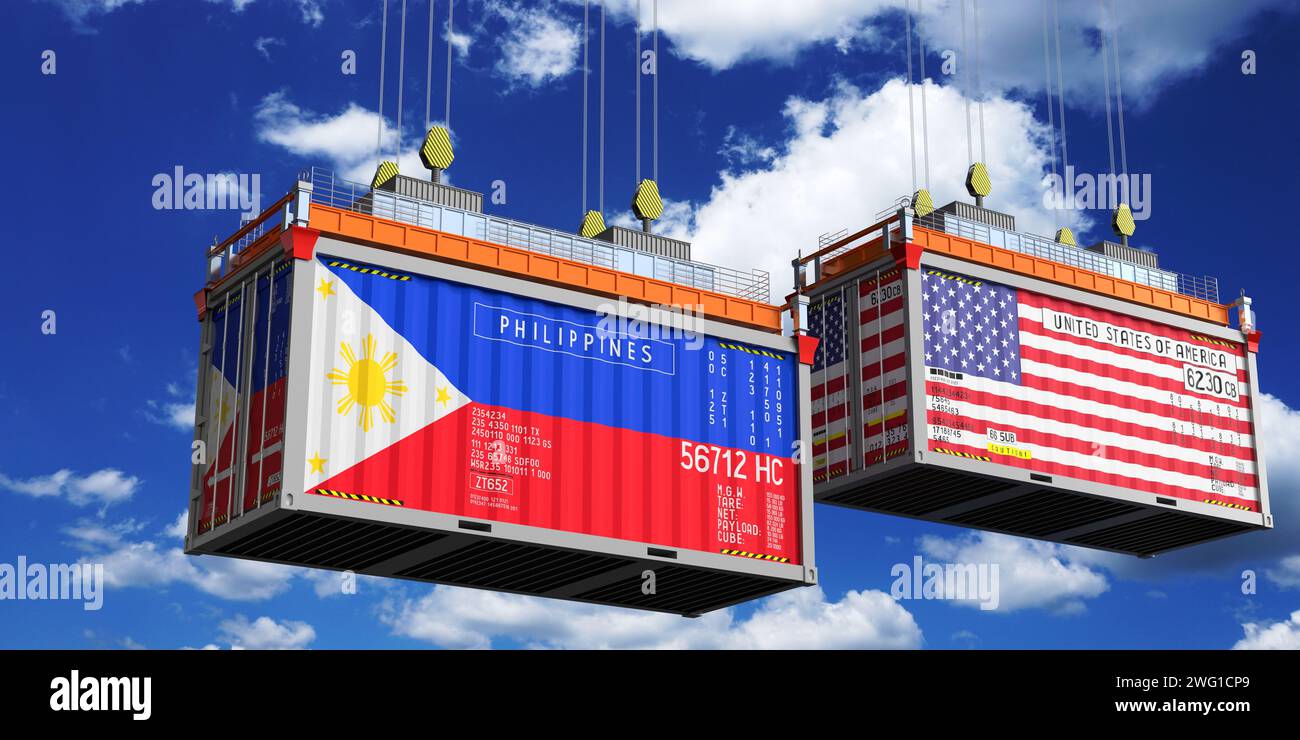 Shipping containers with flags of Philippines and USA - 3D illustration ...