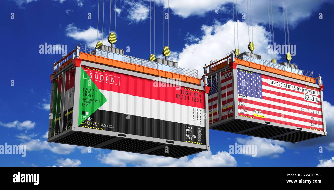 Shipping containers with flags of Sudan and USA - 3D illustration Stock Photo - Alamy