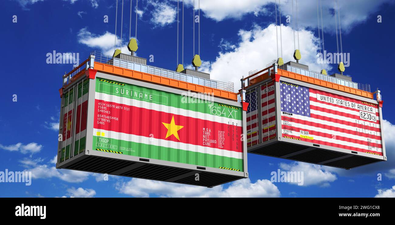 Shipping containers with flags of Suriname and USA - 3D illustration ...