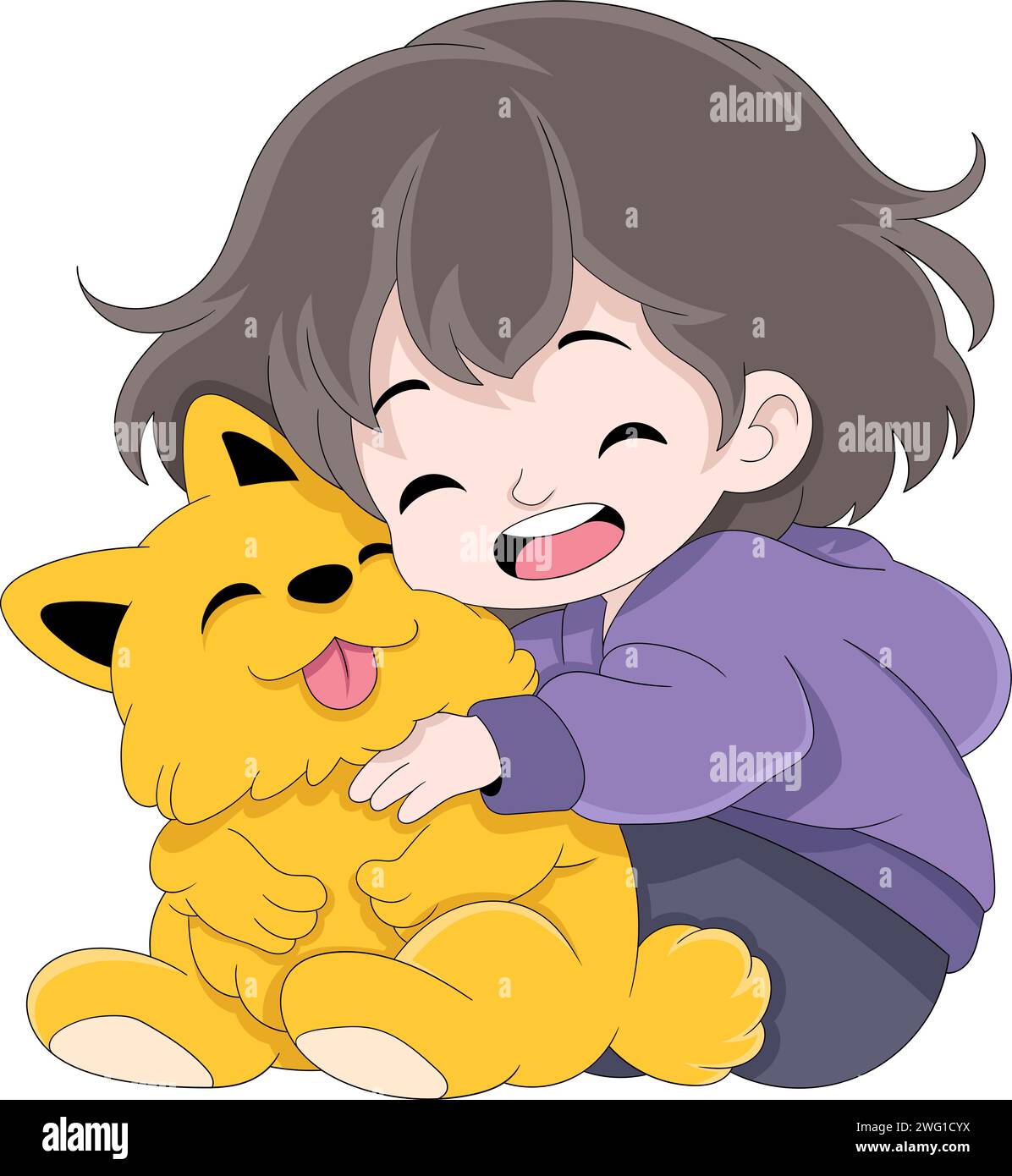 little girl is playing with cute puppy, hugging pet, creative ...