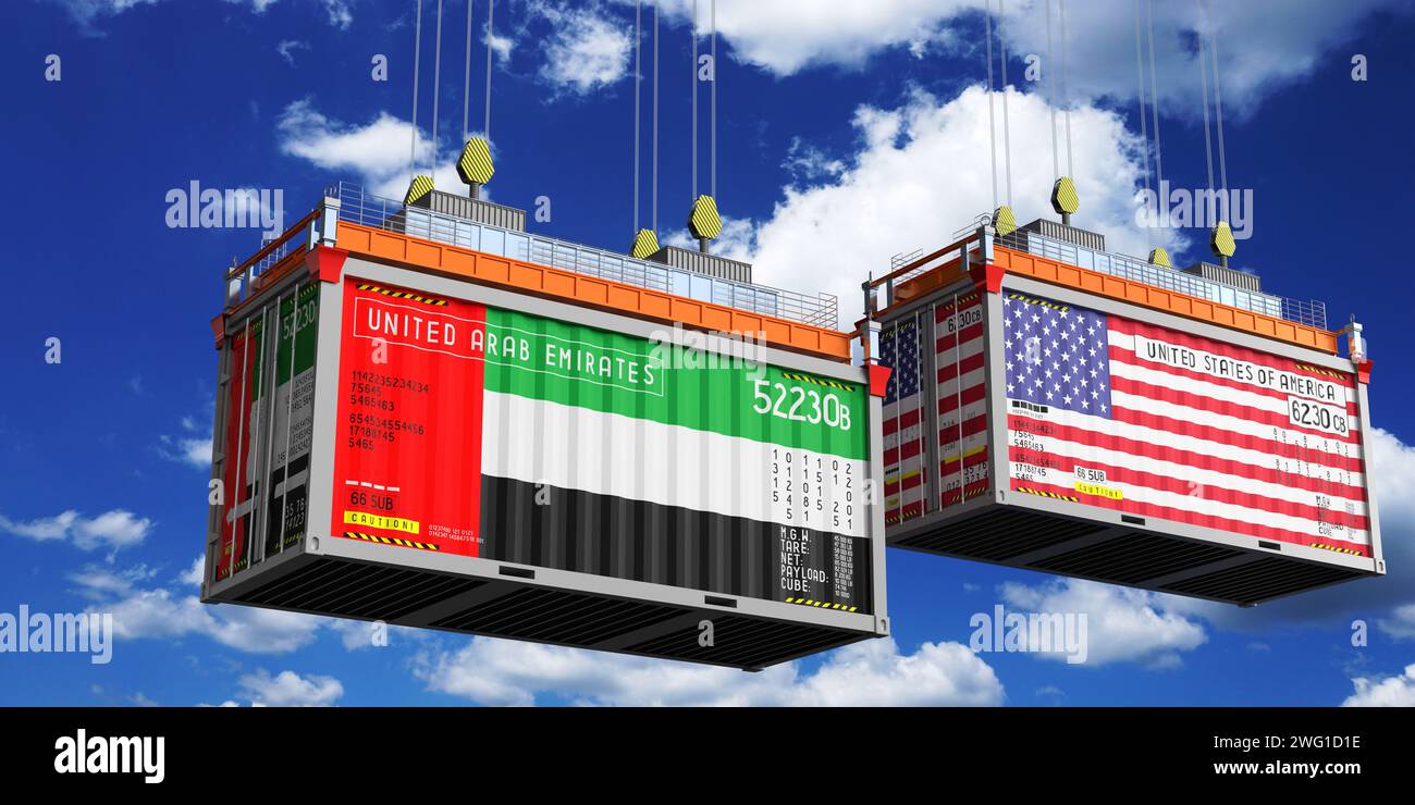 Shipping containers with flags of United Arab Emirates and USA - 3D ...