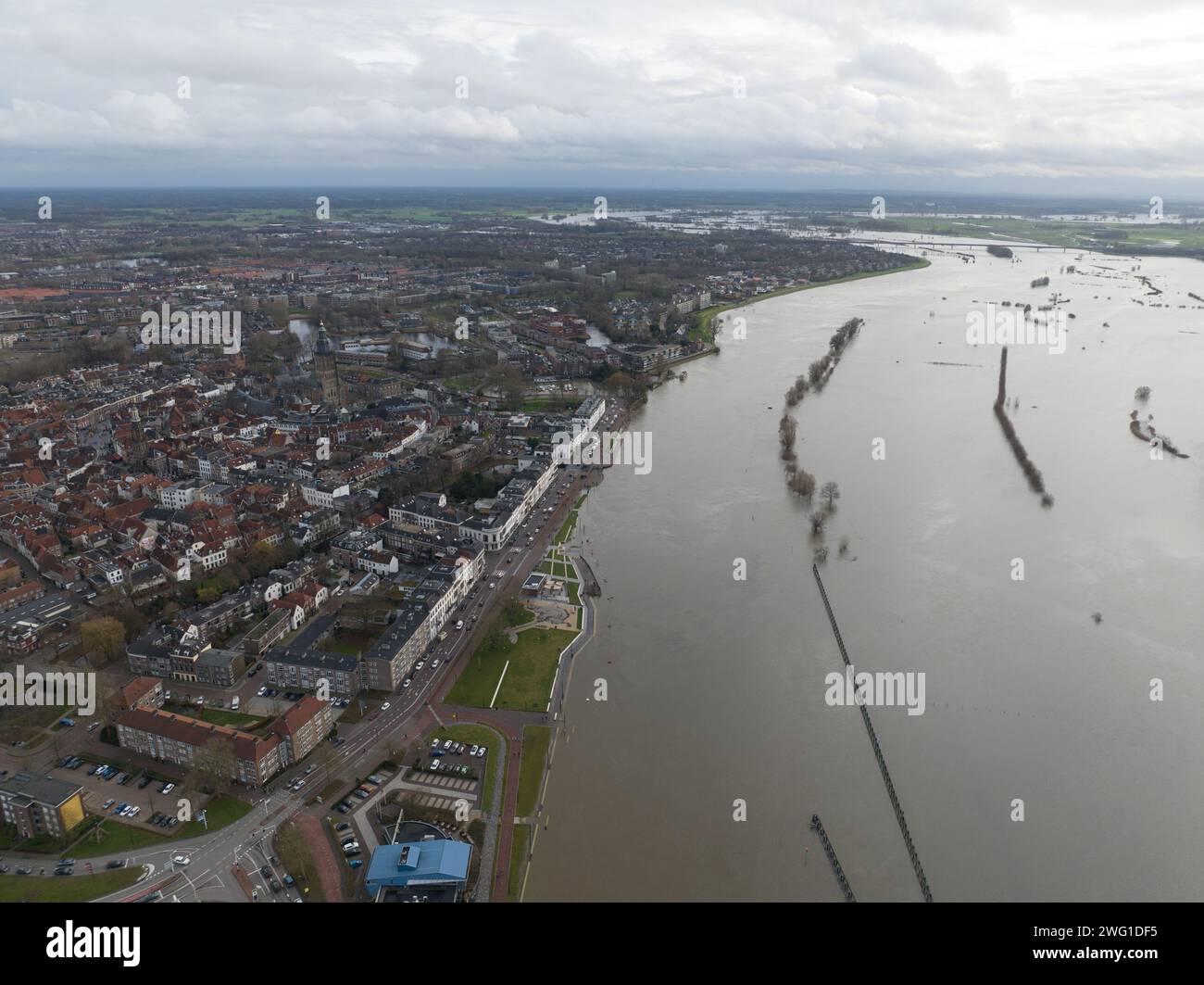 Aerial overview of the city of Zutphen, along the river Ijssel in ...