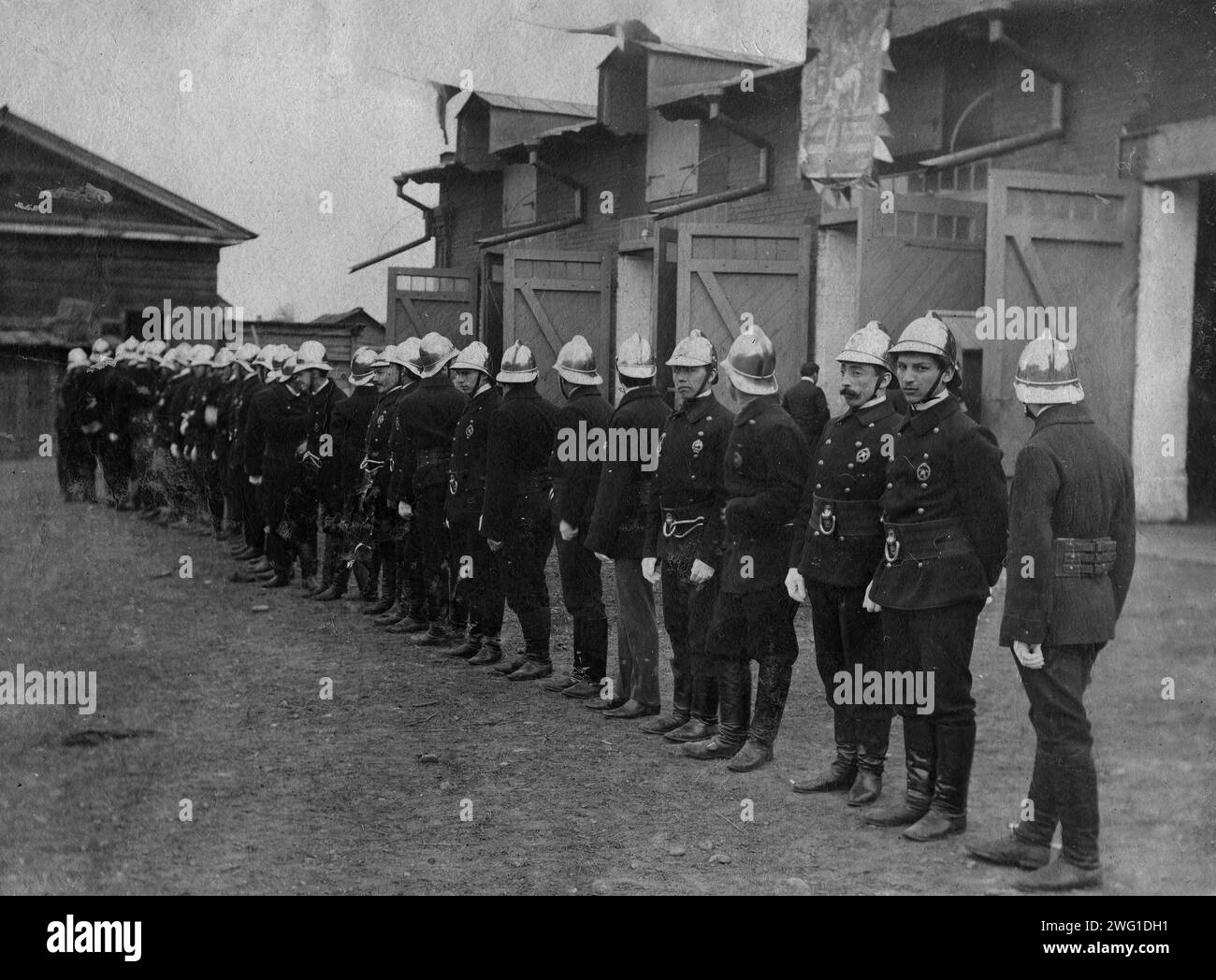 The fire brigade of the voluntary fire society near its building on ...