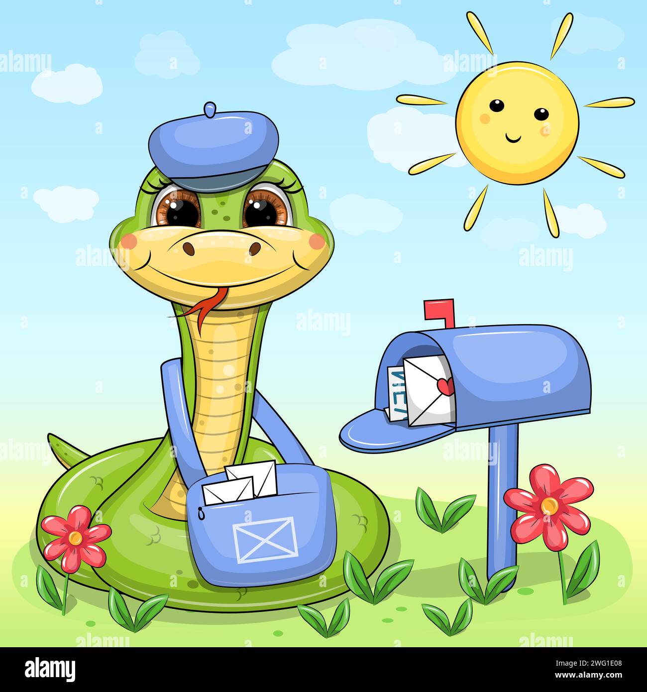 A cute cartoon green snake postman with a blue bag and hat stands next ...