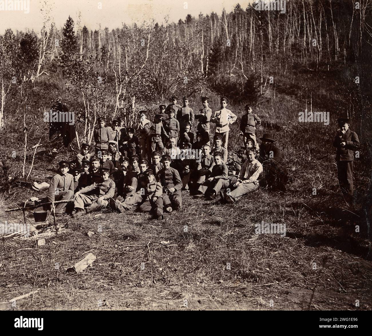 A group of Irkutsk high school students on an excursion in the forest ...
