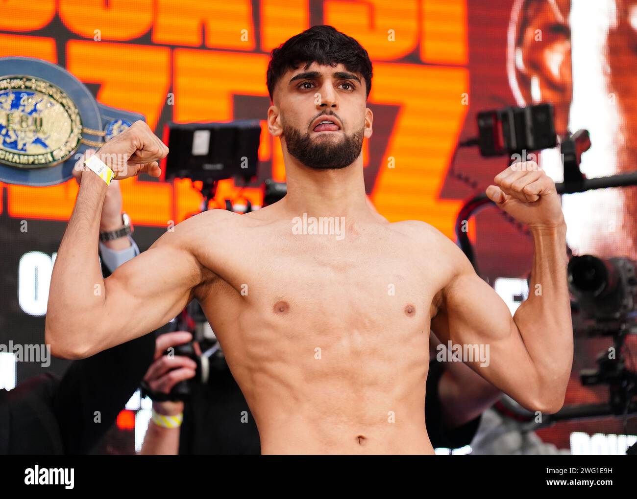 Adam Azim during the weigh in at BOXPARK Wembley, London. Picture date ...