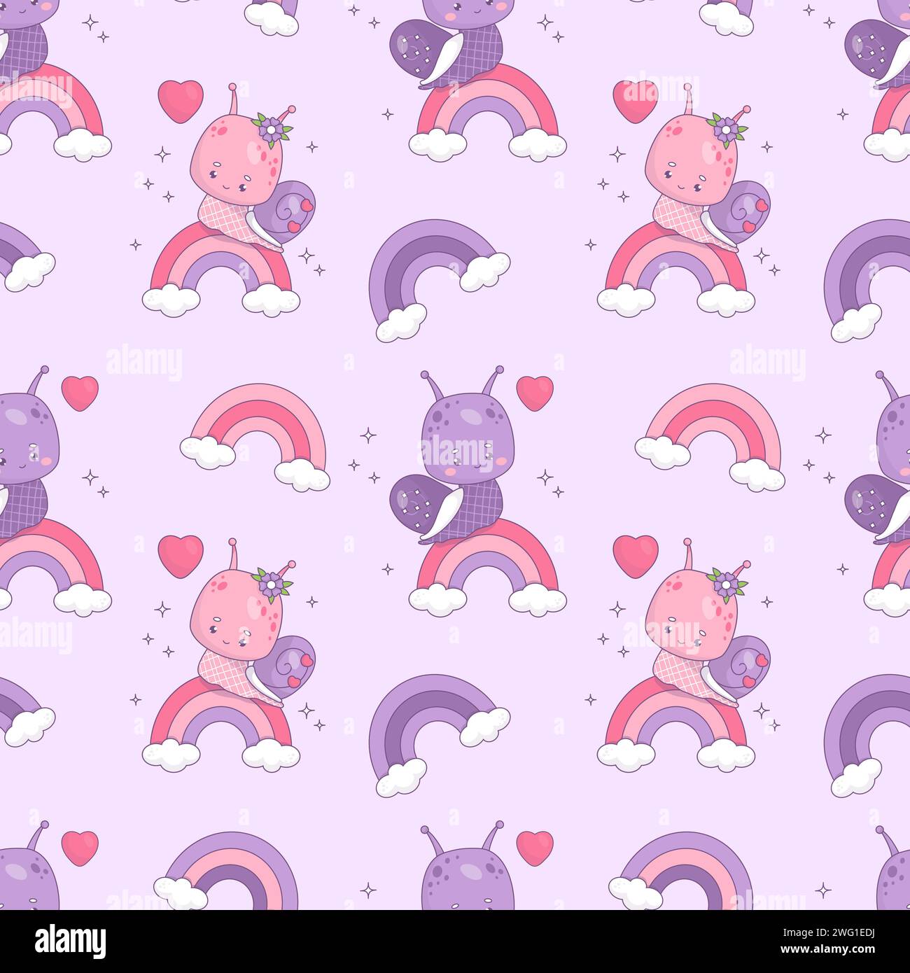 Seamless pattern with enamored snail girl and boy on rainbow. Funny ...