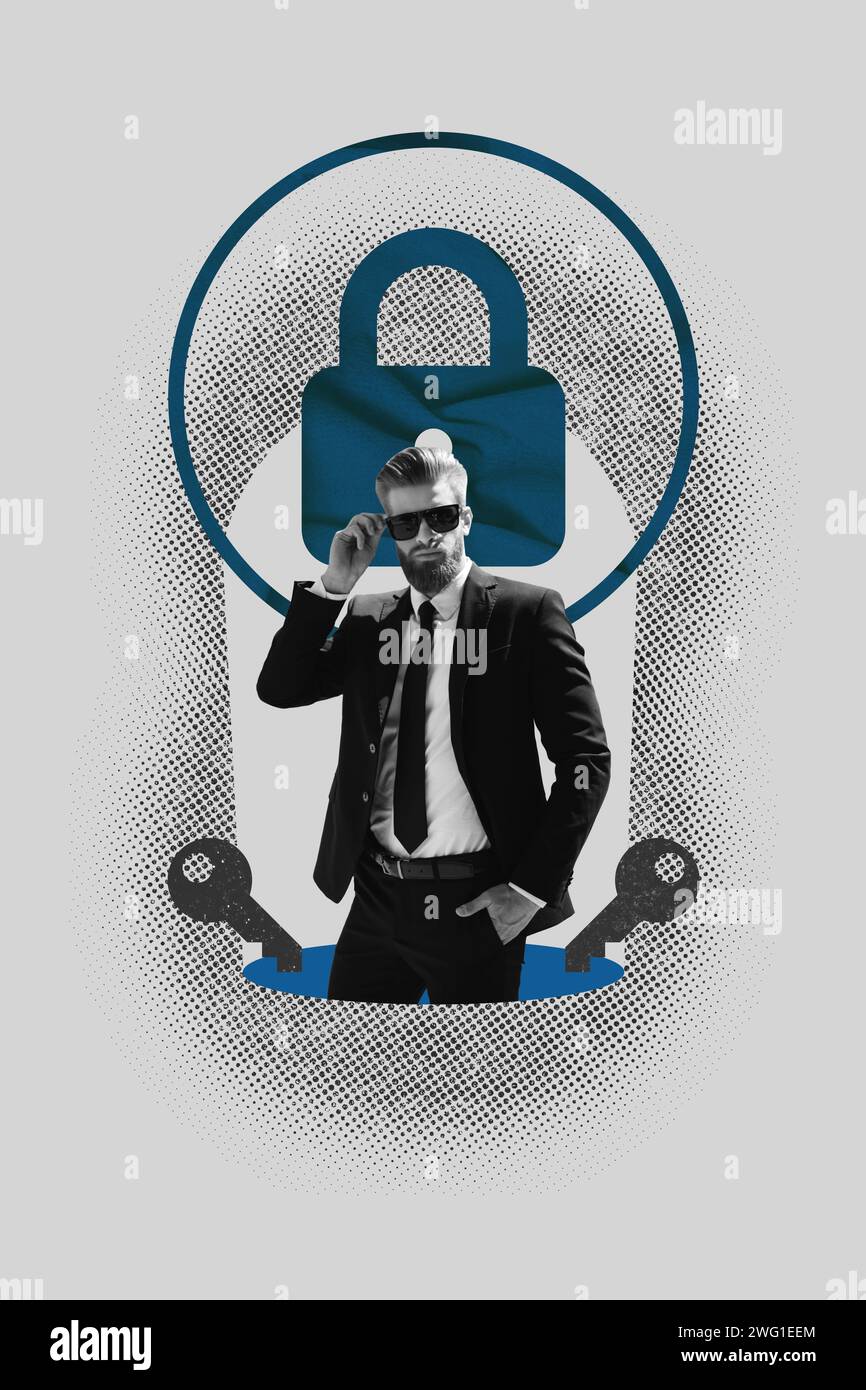 Creative poster collage of confident man businessman keys lock blocked ...