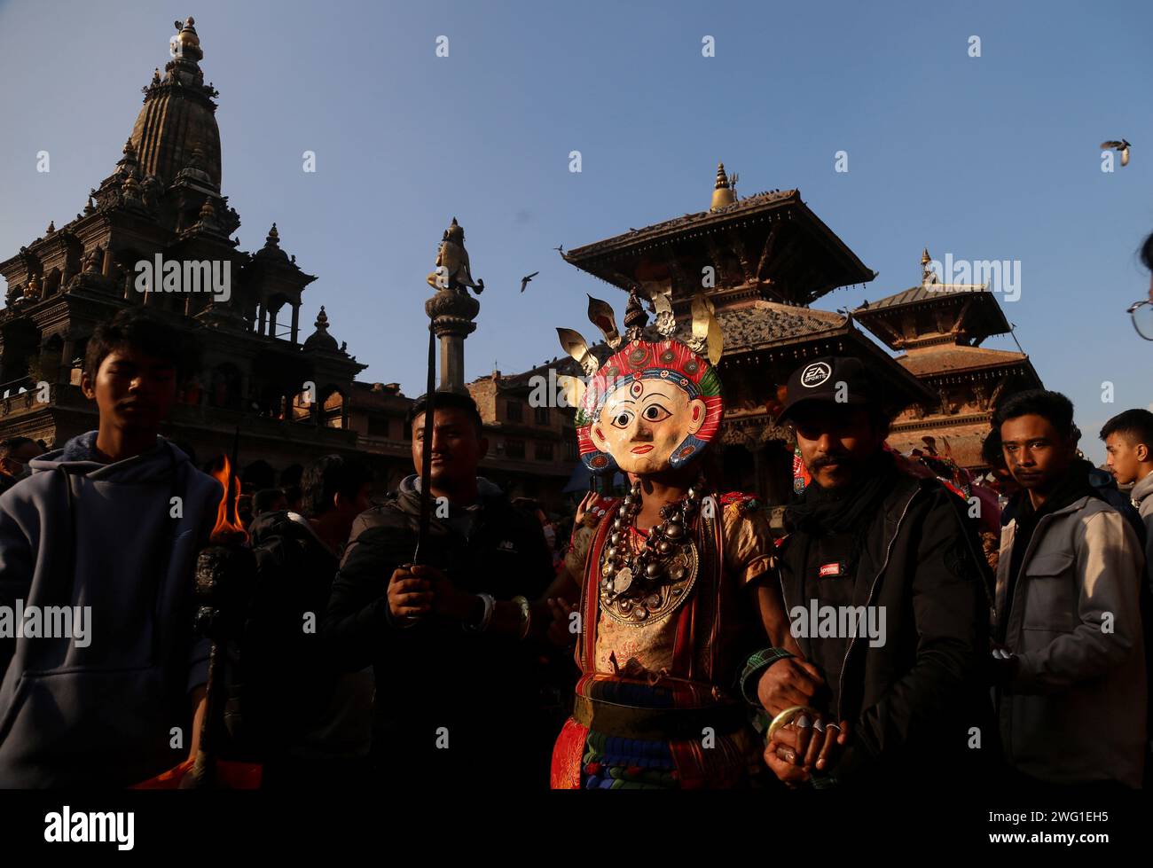 Lalitpur, Bagmati, Nepal. 2nd Feb, 2024. A traditional masked dancer ...