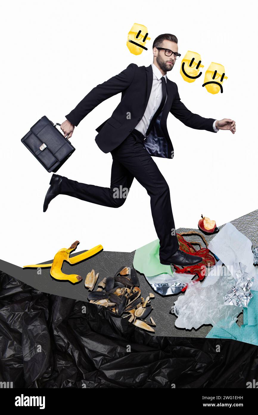 Vertical image collage of businessman running with diplomat on rubbish ...