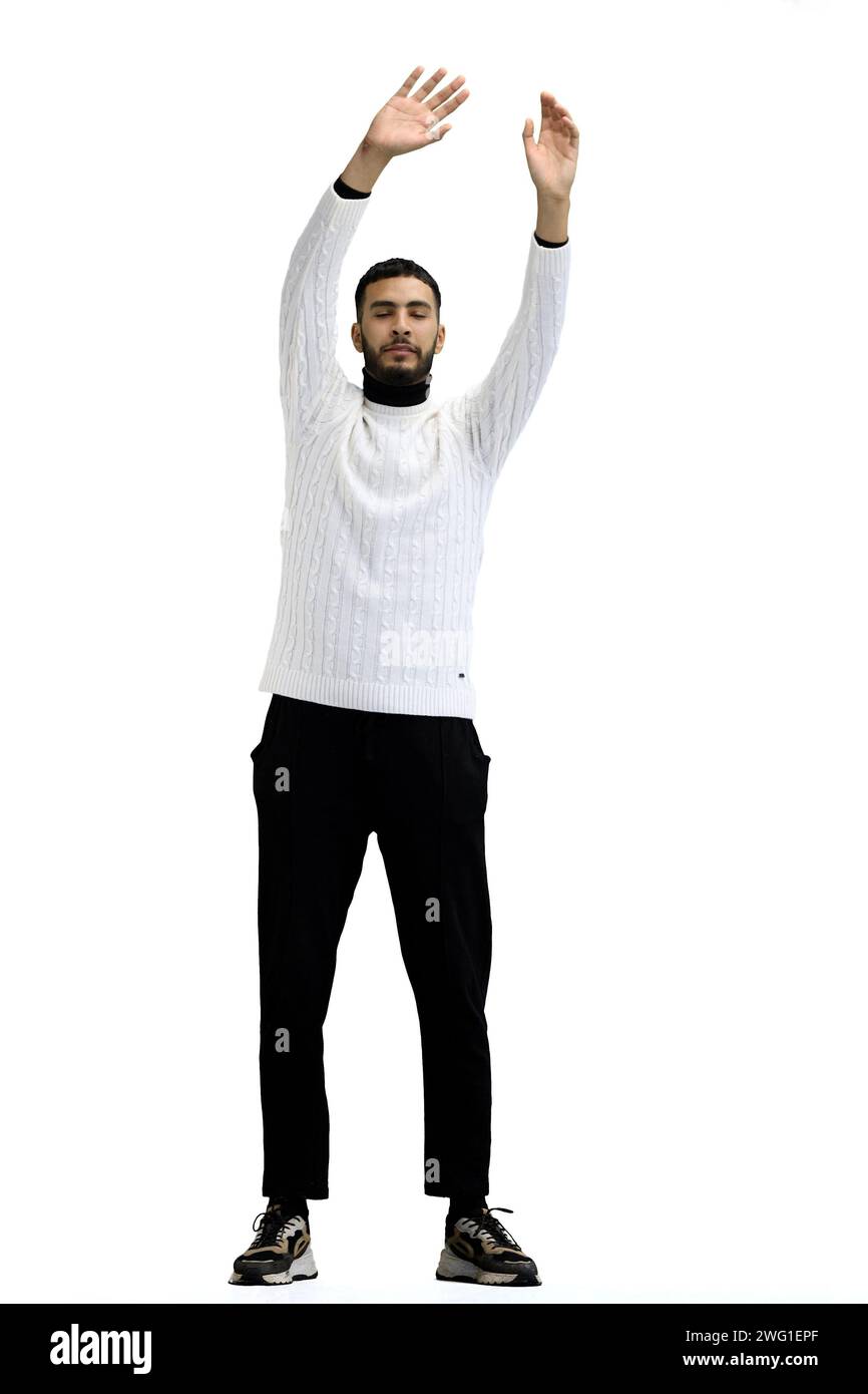 A man, full-length, on a white background, waving his arms Stock Photo ...