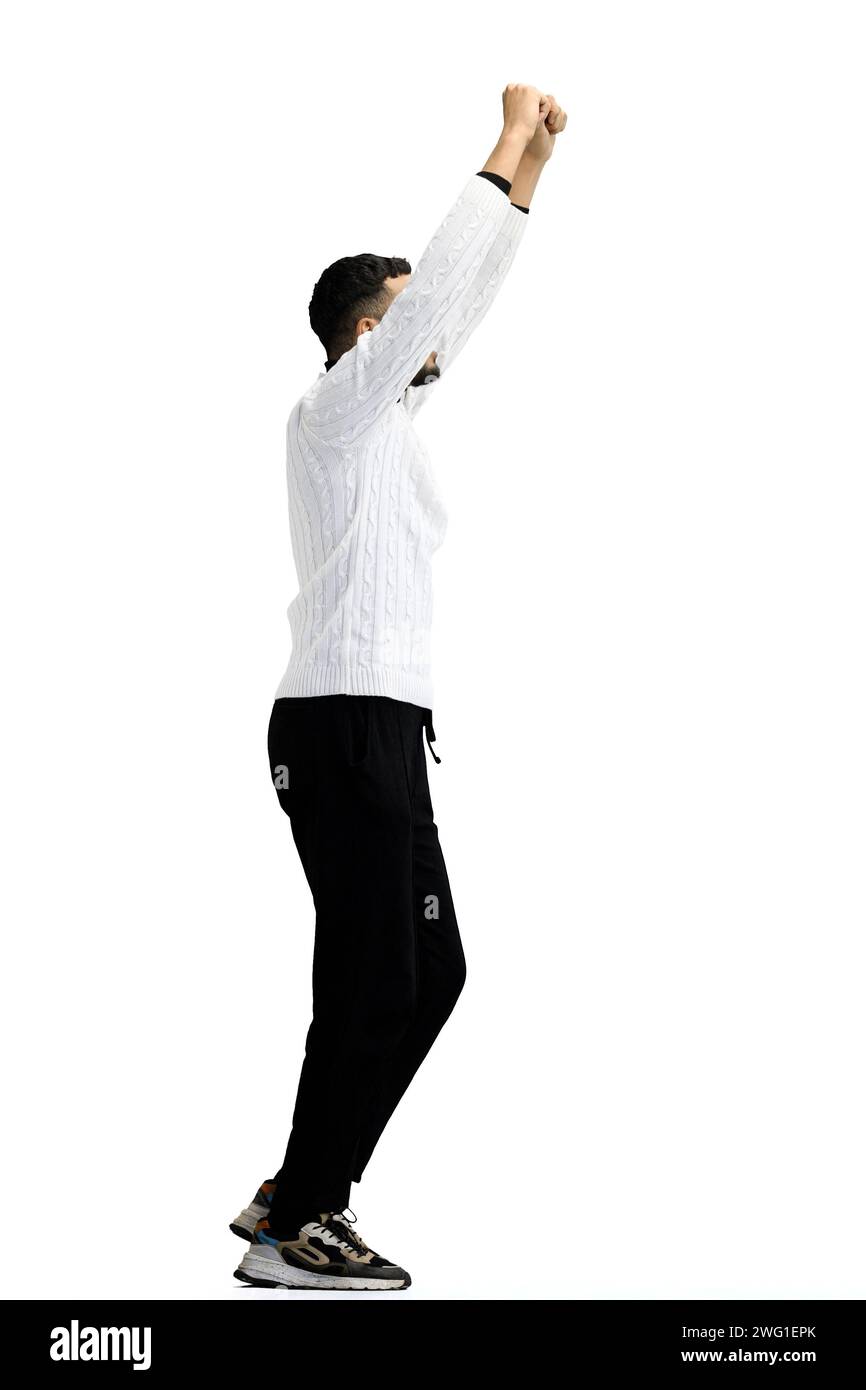 A man, full-length, on a white background, waving his arms Stock Photo ...