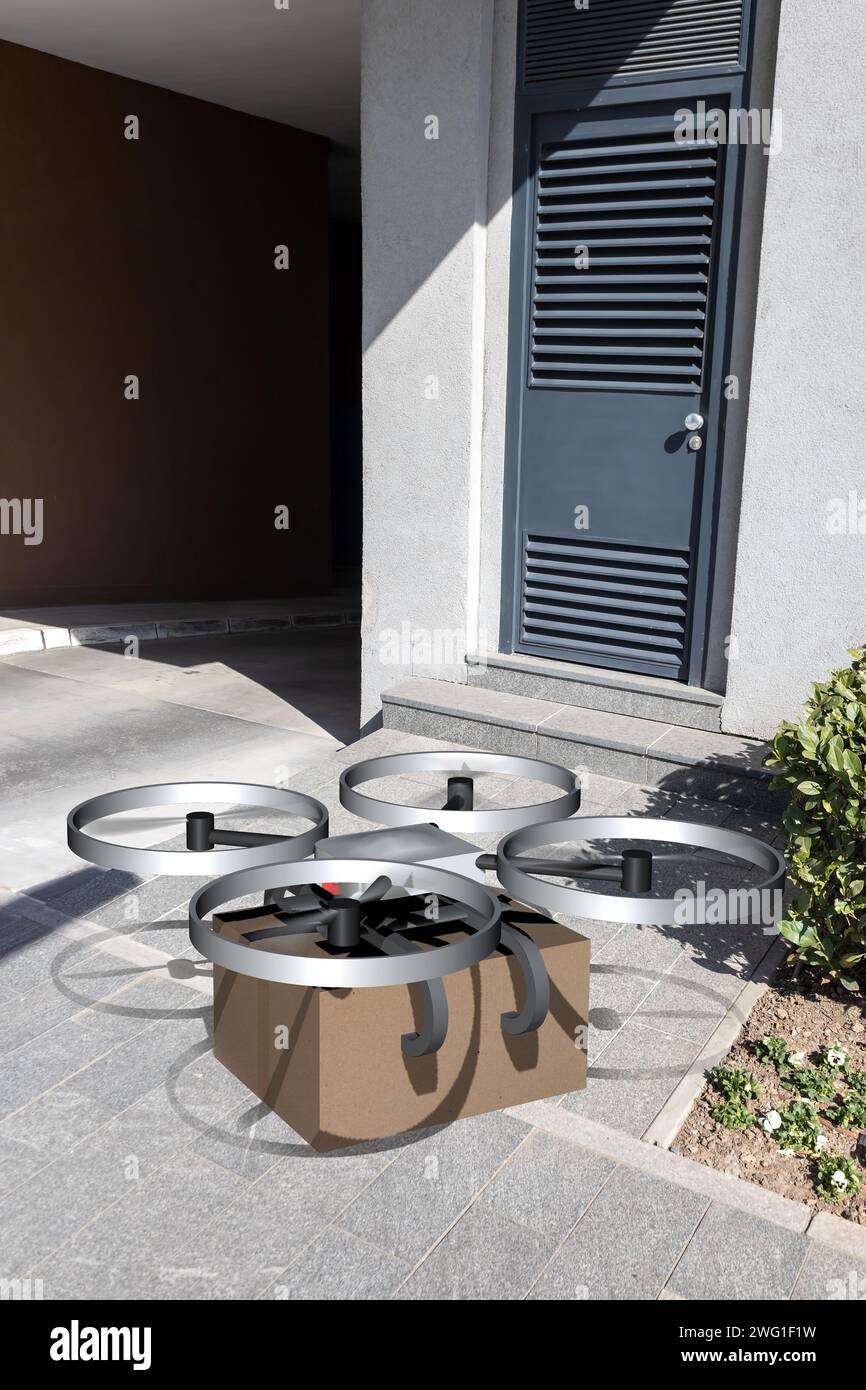 3d illustration of delivery drone in front of building Stock Photo - Alamy