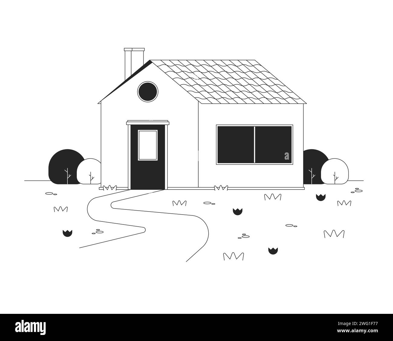 Farmhouse green grass black and white cartoon flat illustration Stock ...