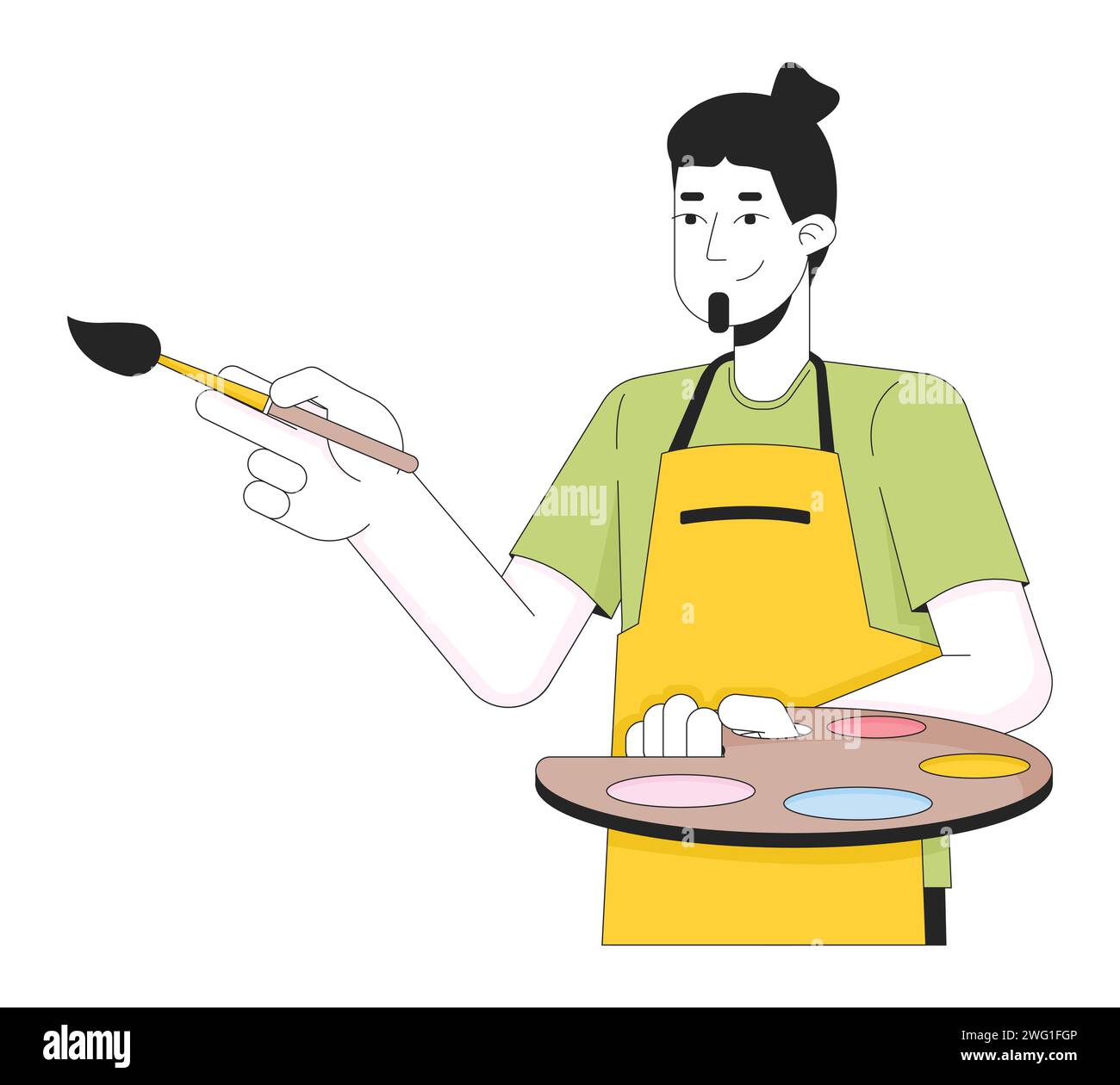 Caucasian man holding paintbrush, art palette 2D linear cartoon ...