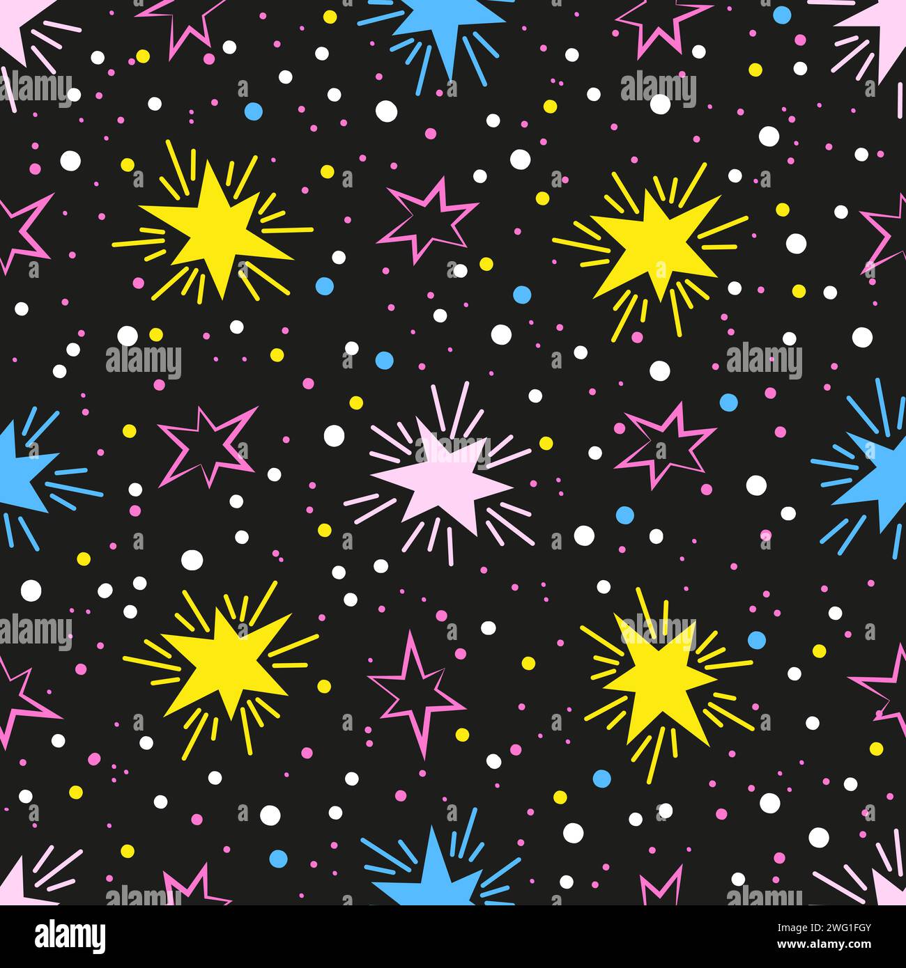 Hand drawn vector seamless pattern of shiny neon stars on black night ...