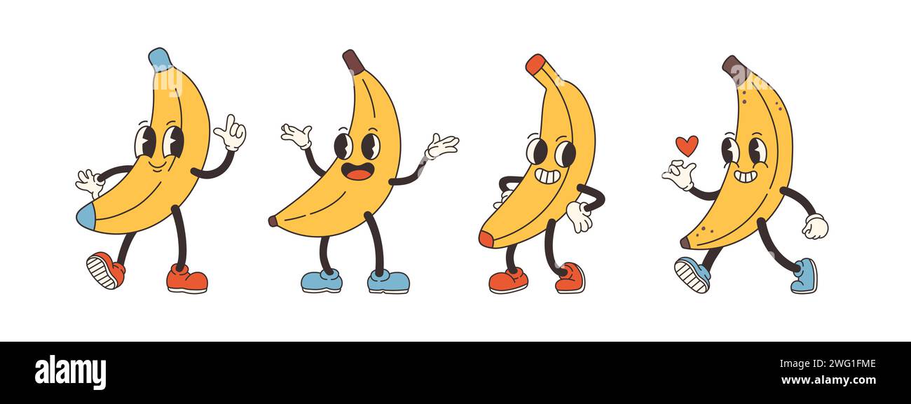 Groovy banana set. Hand draw Funny Retro vintage trendy style banana cartoon character. Doodle ...