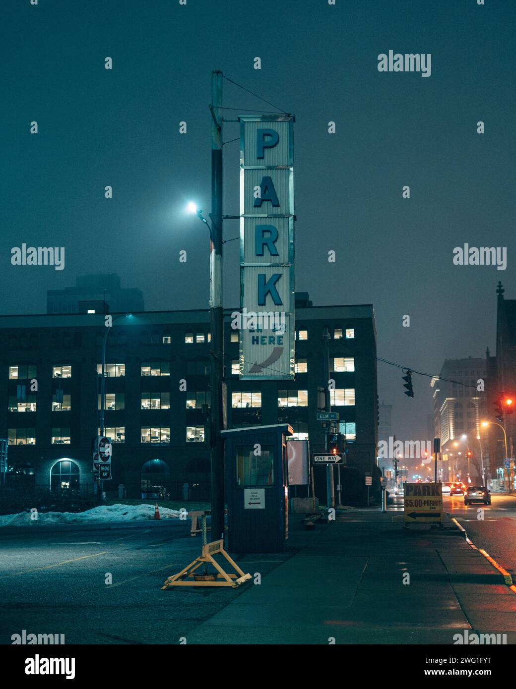 Parking sign at night in downtown Buffalo, New York Stock Photo - Alamy