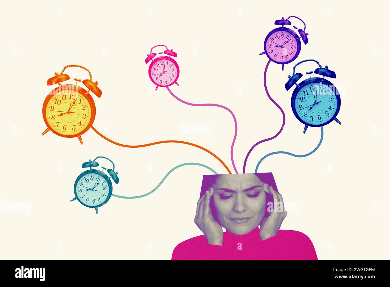 Photo collage picture irritated girl suffer migraine headache pain ...