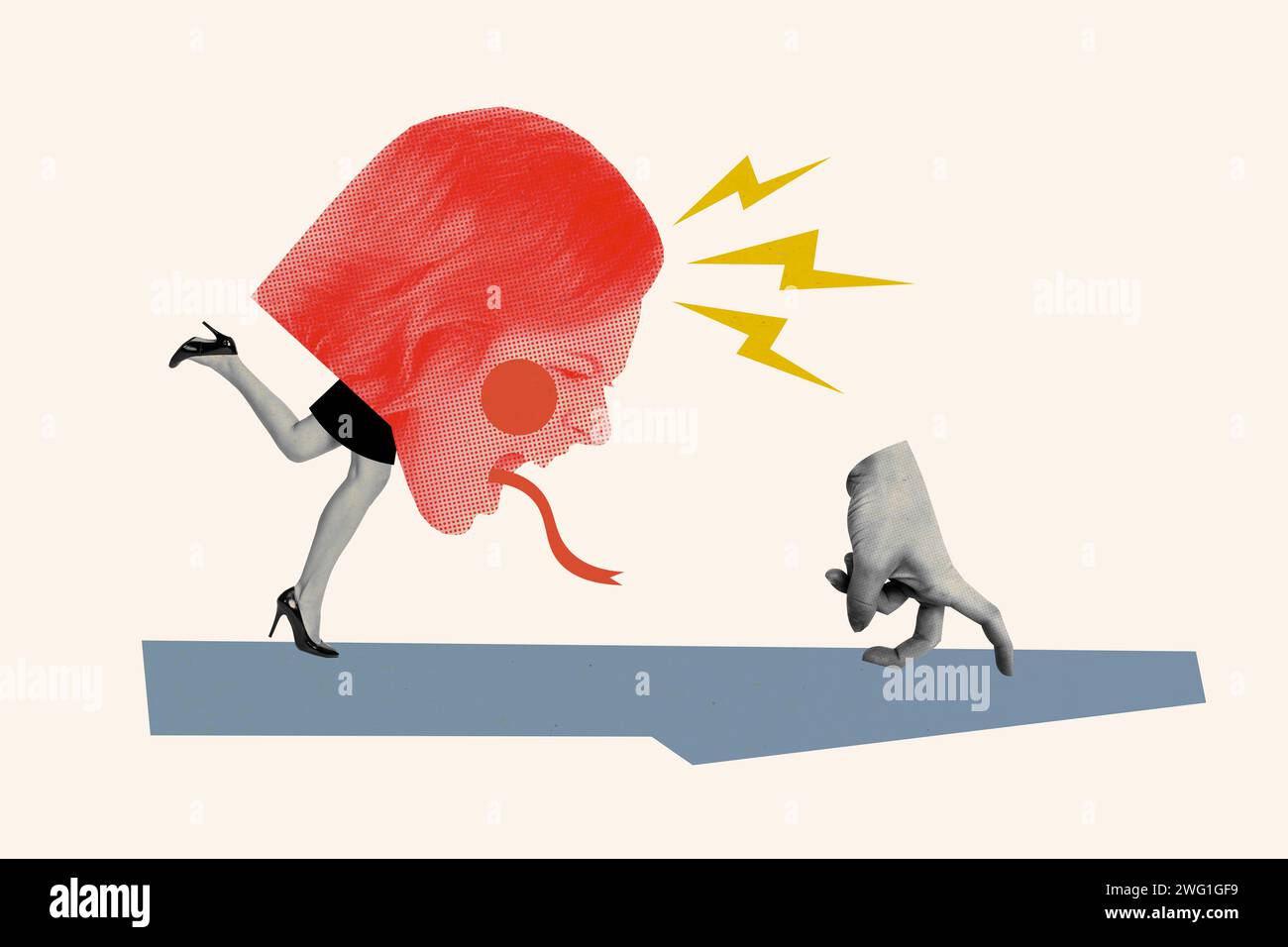 Creative photo collage young running mad furious businesswoman big head ...