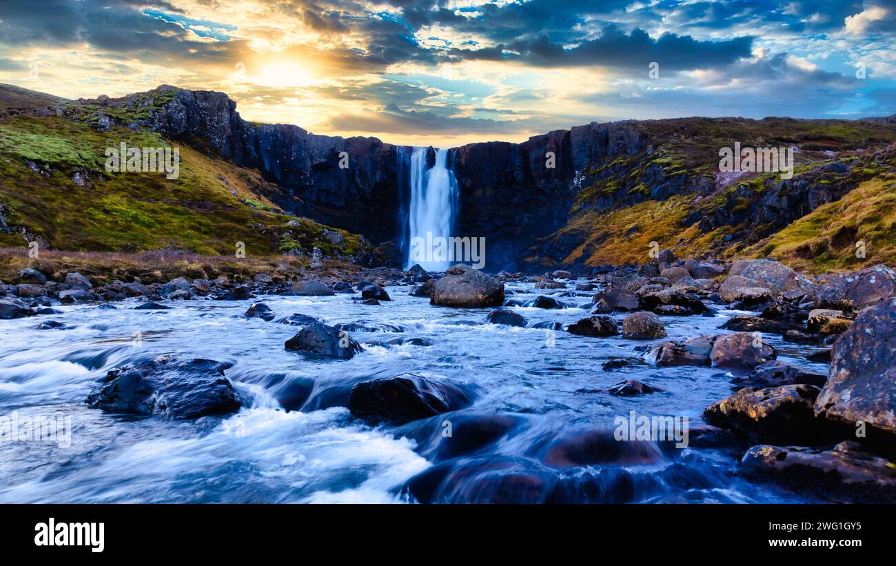 The Famous Beautiful Gufufoss Waterfall In Seydisfjordur, Iceland Stock ...
