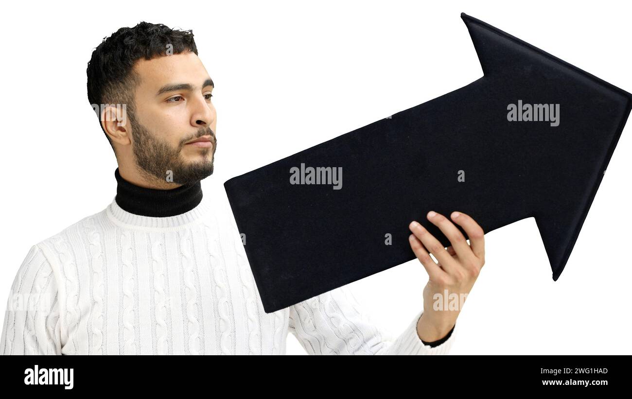 Happy black guy holding arrow hi-res stock photography and images - Alamy