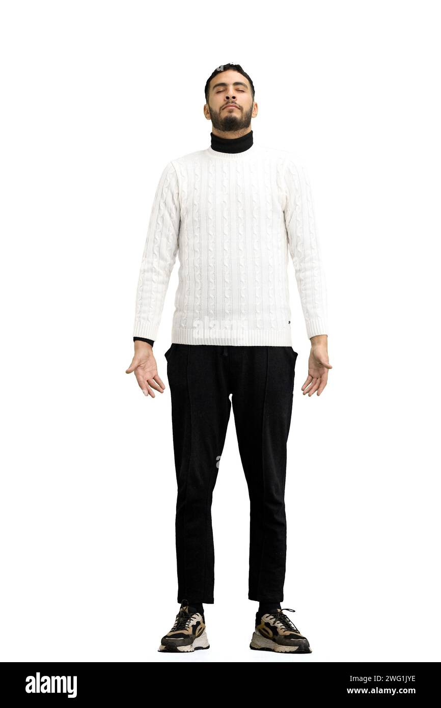 A man, full-length, on a white background, spreads his arms Stock Photo ...