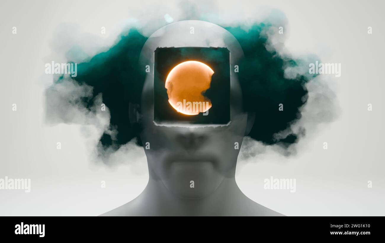 Abstract head with a hole, featuring clouds, symbolizing a blend of the ...