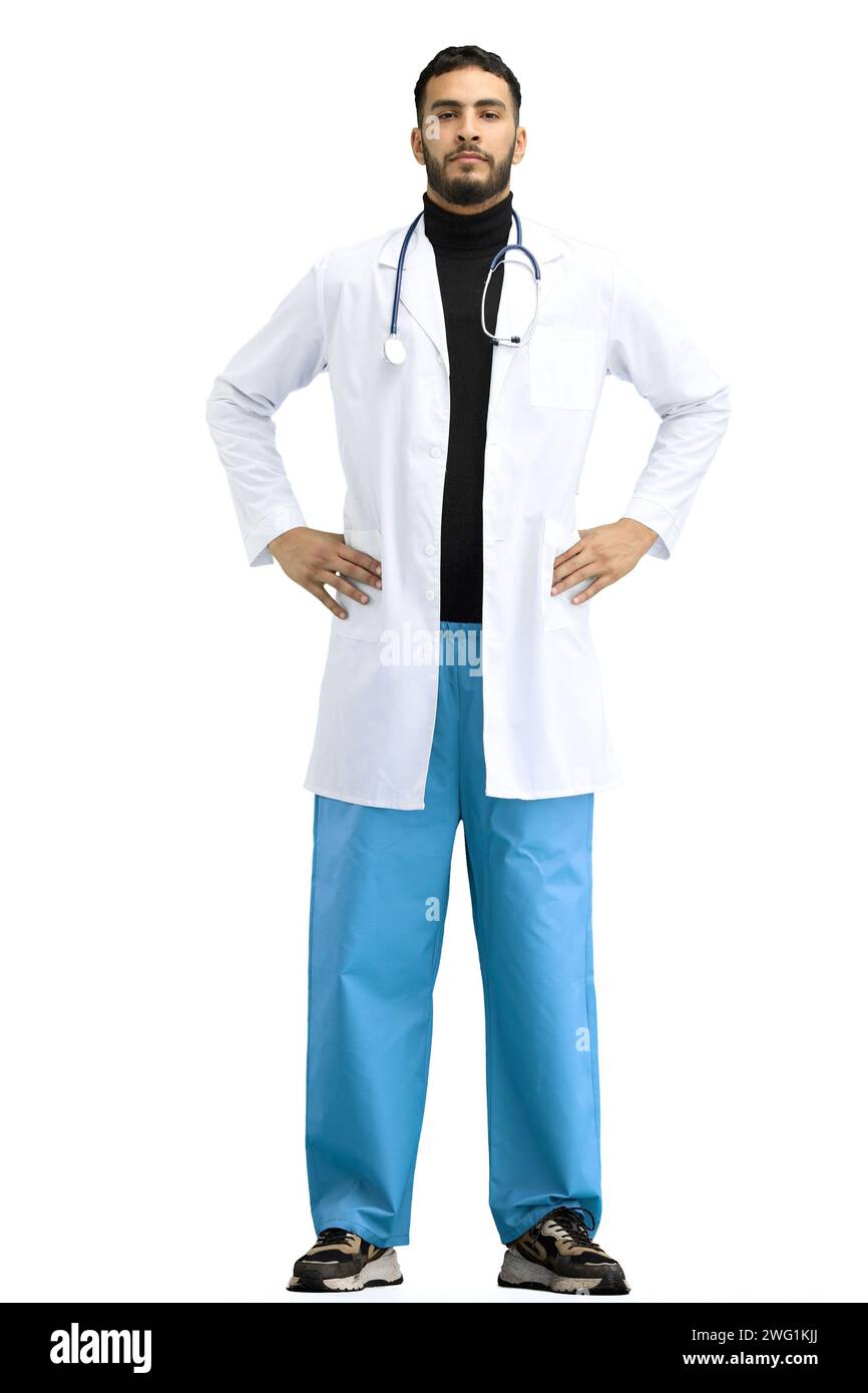 Doctor, full-length, on a white background, hands on hips Stock Photo ...