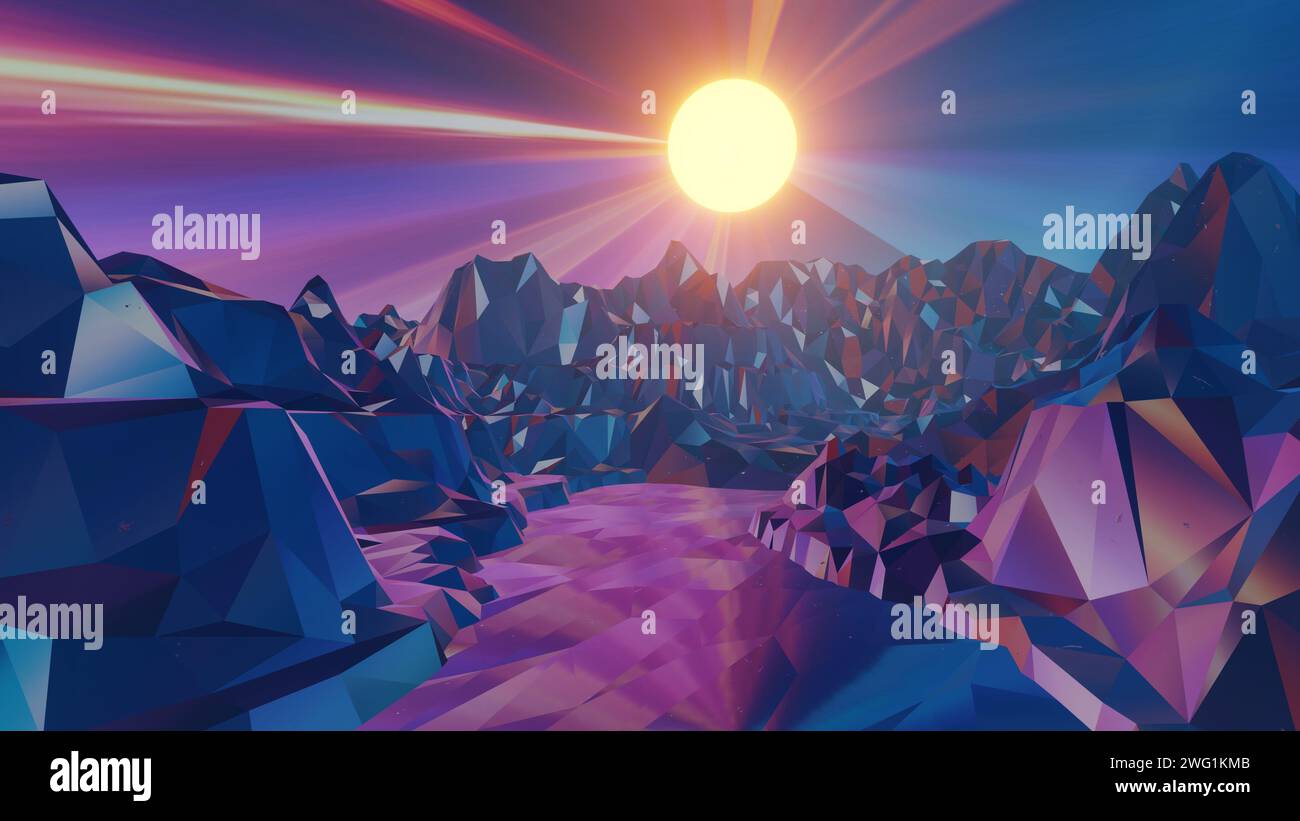 Dominated by a neon color palette, this scene presents a surreal ...