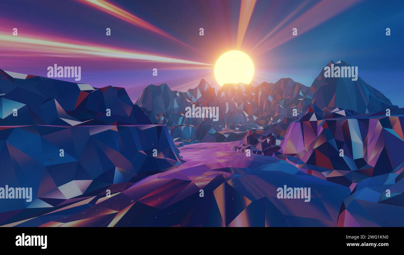 Dominated by a neon color palette, this scene presents a surreal ...