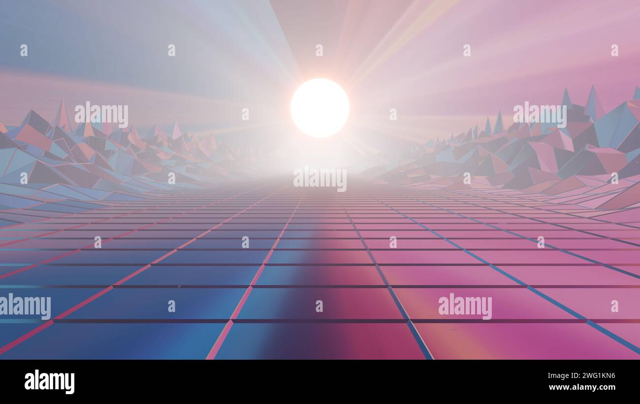 Dominated by a neon color palette, this scene presents a surreal ...