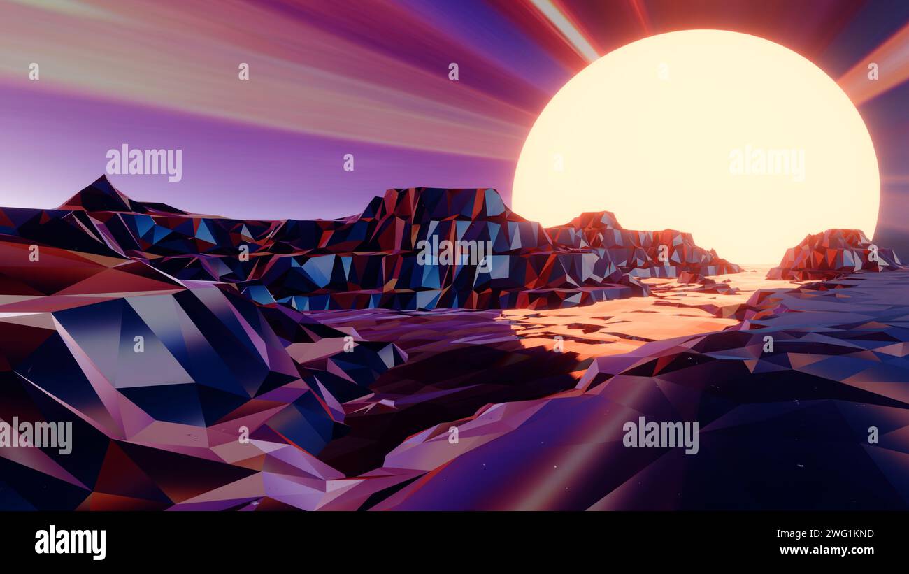 Dominated by a neon color palette, this scene presents a surreal ...