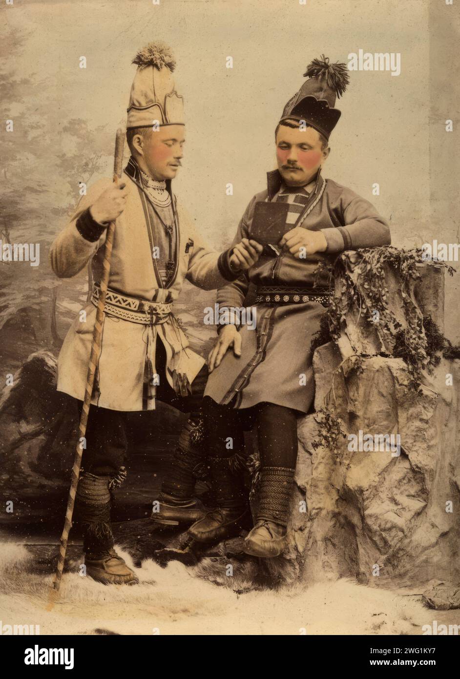 Two Sami men, 1890-1900. Studio portrait, hand-coloured Stock Photo - Alamy
