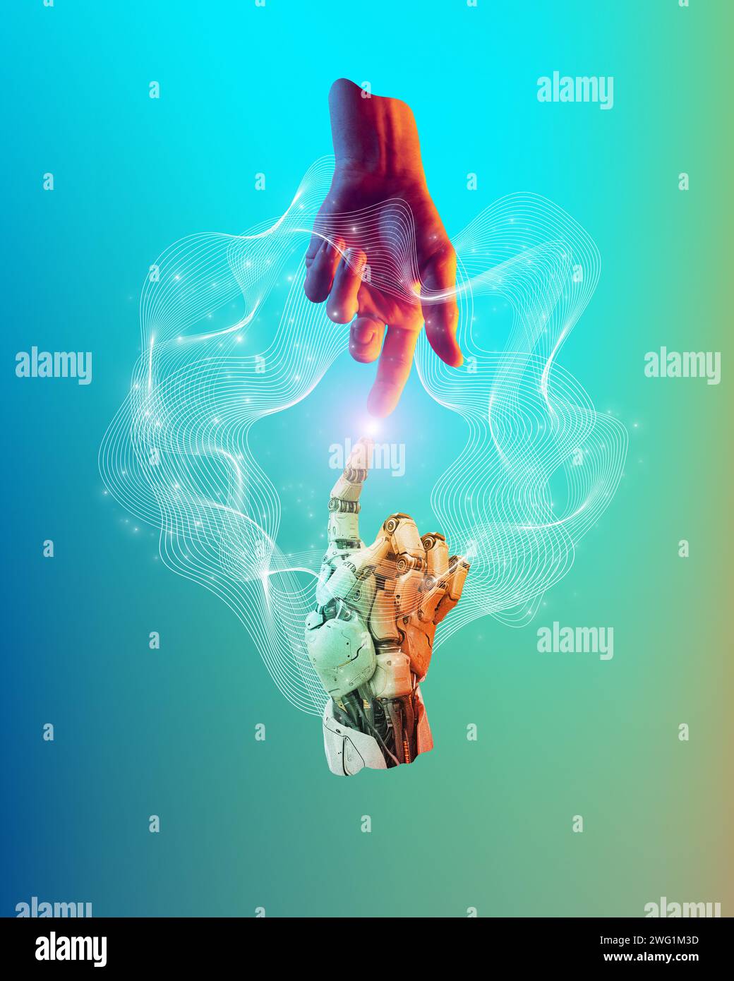 Human hand reaching out to 3D model of robotic hand with light ...