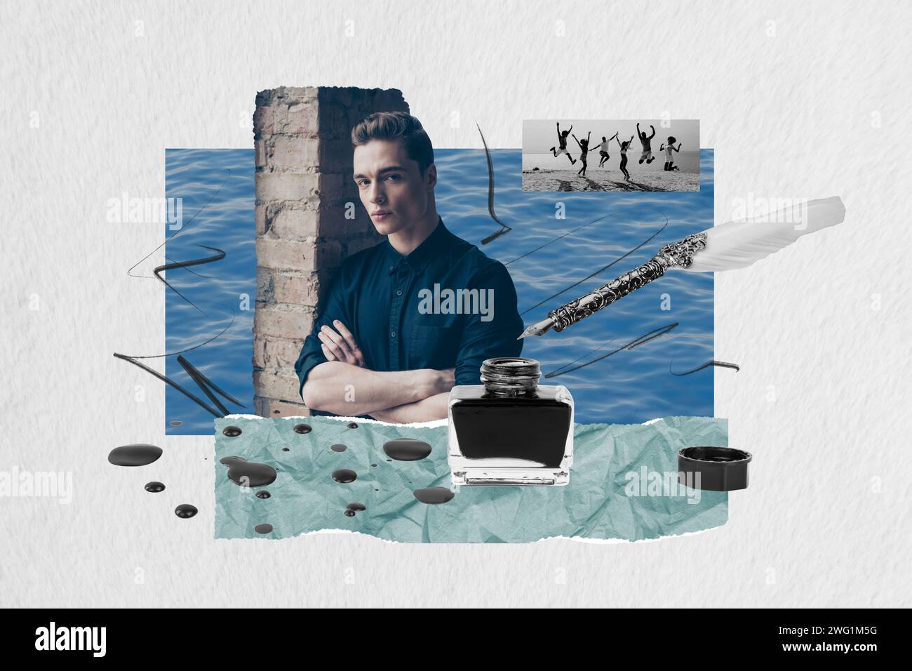 Portrait of handsome guy folded hands confident poses near bricks ...