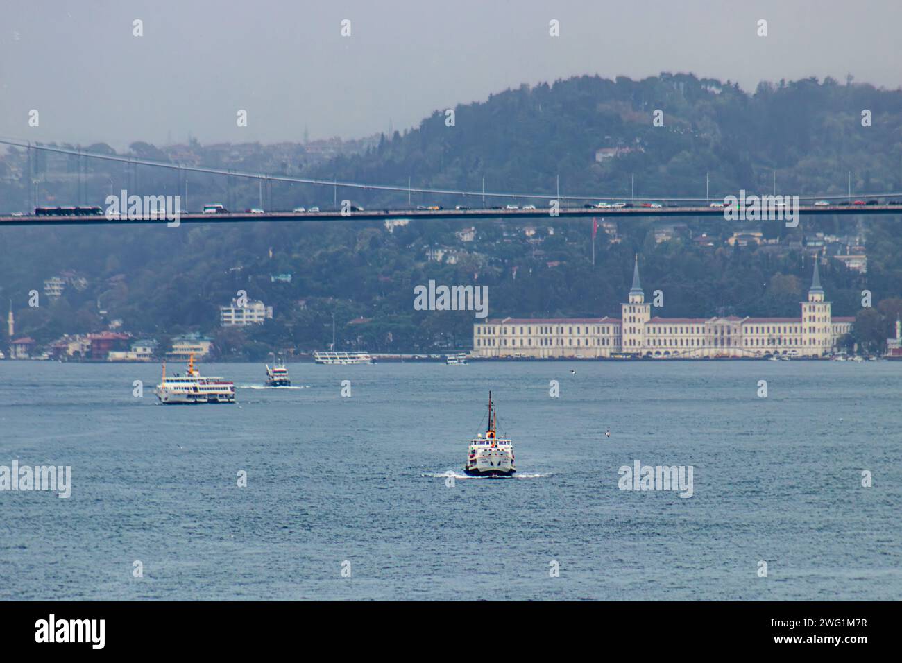 A scenic view of Istanbul's Bosphorus strait with ferries traversing ...