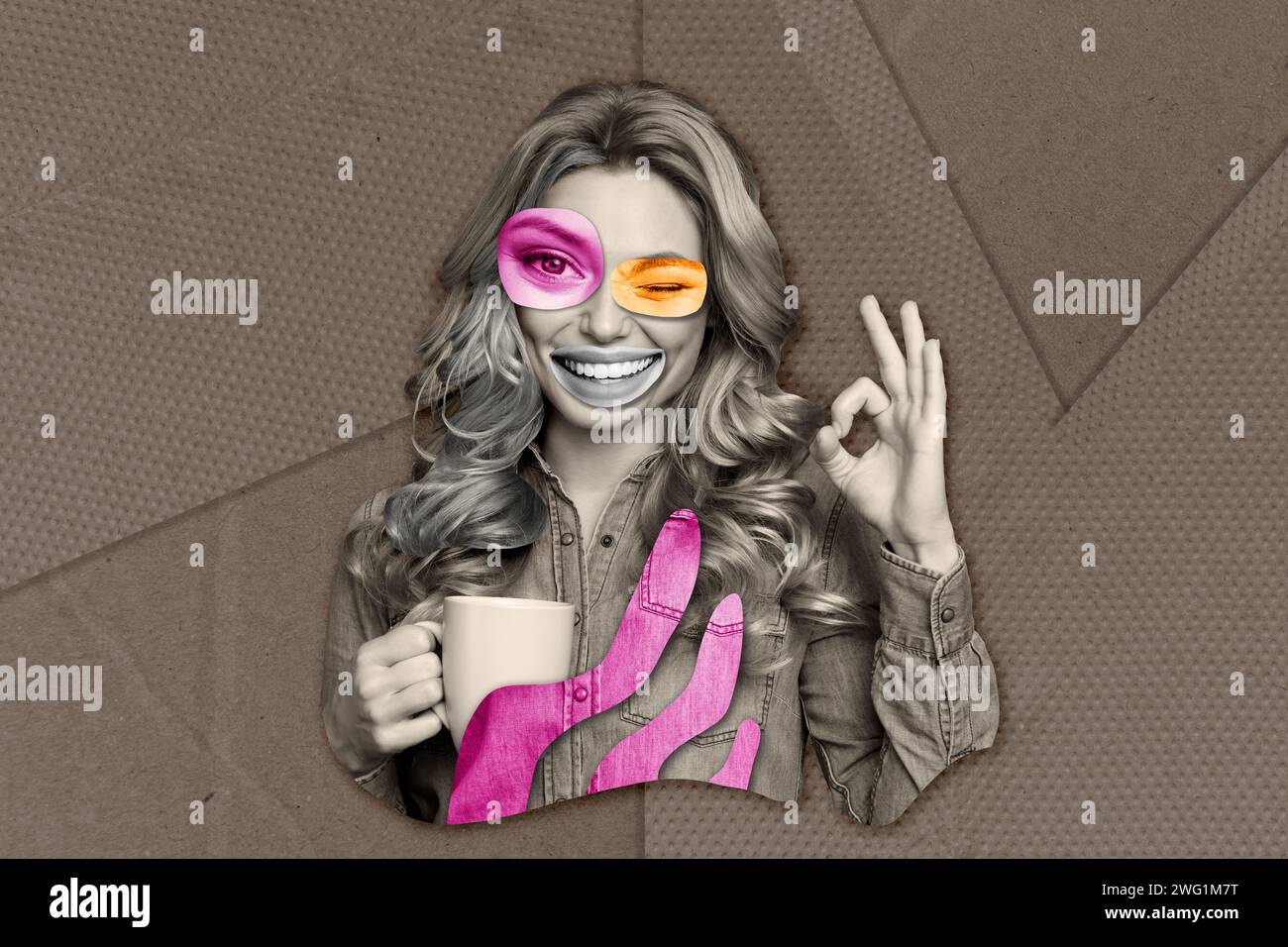 Collage image poster of satisfied happy woman drink latte enjoy taste ...