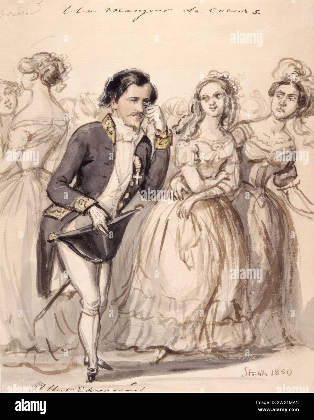 "Un mangeur de coeurs. Albert Ehrensvärd", 1850. Man with monocle among ...