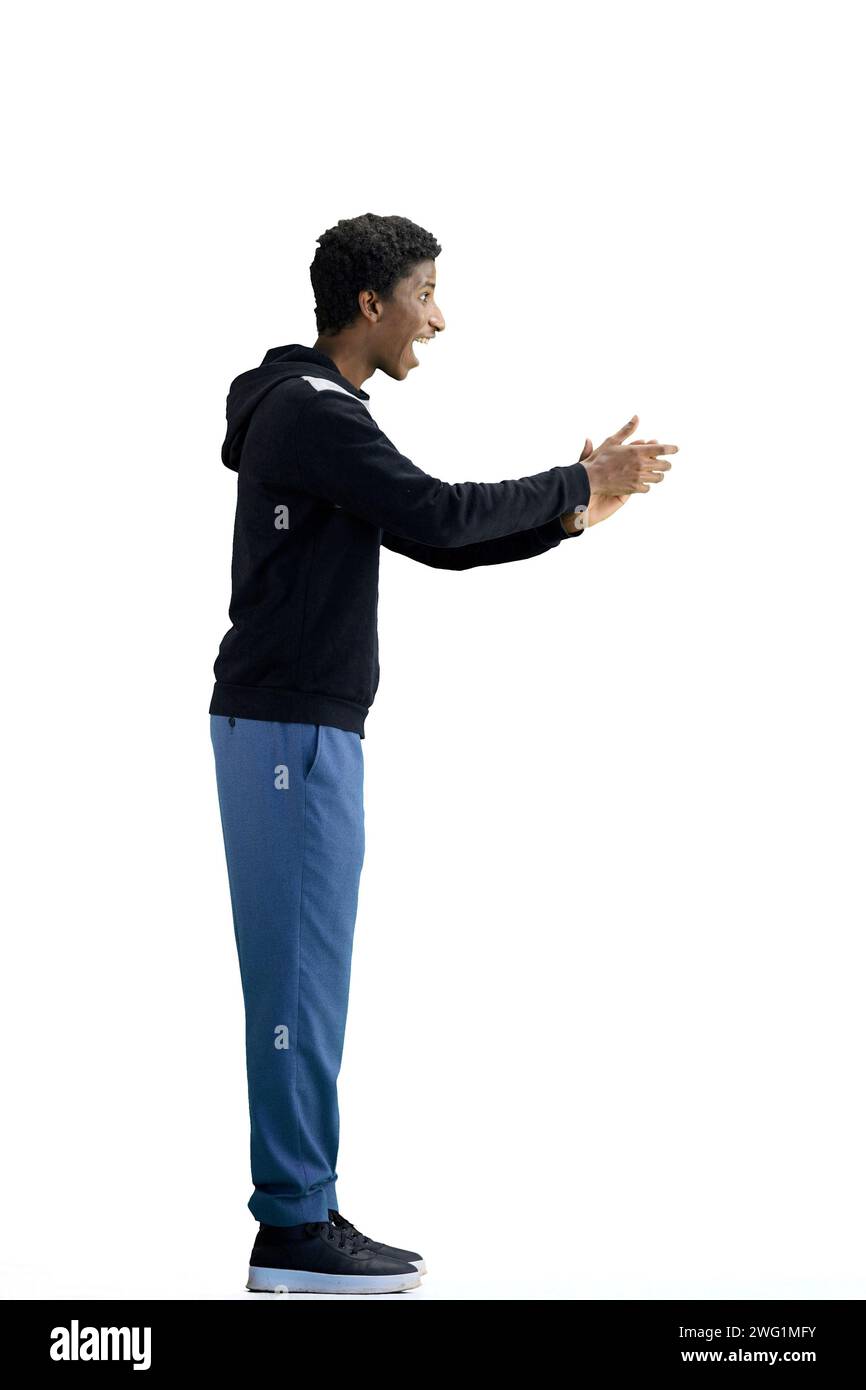 A man, full-length, on a white background, claps Stock Photo - Alamy