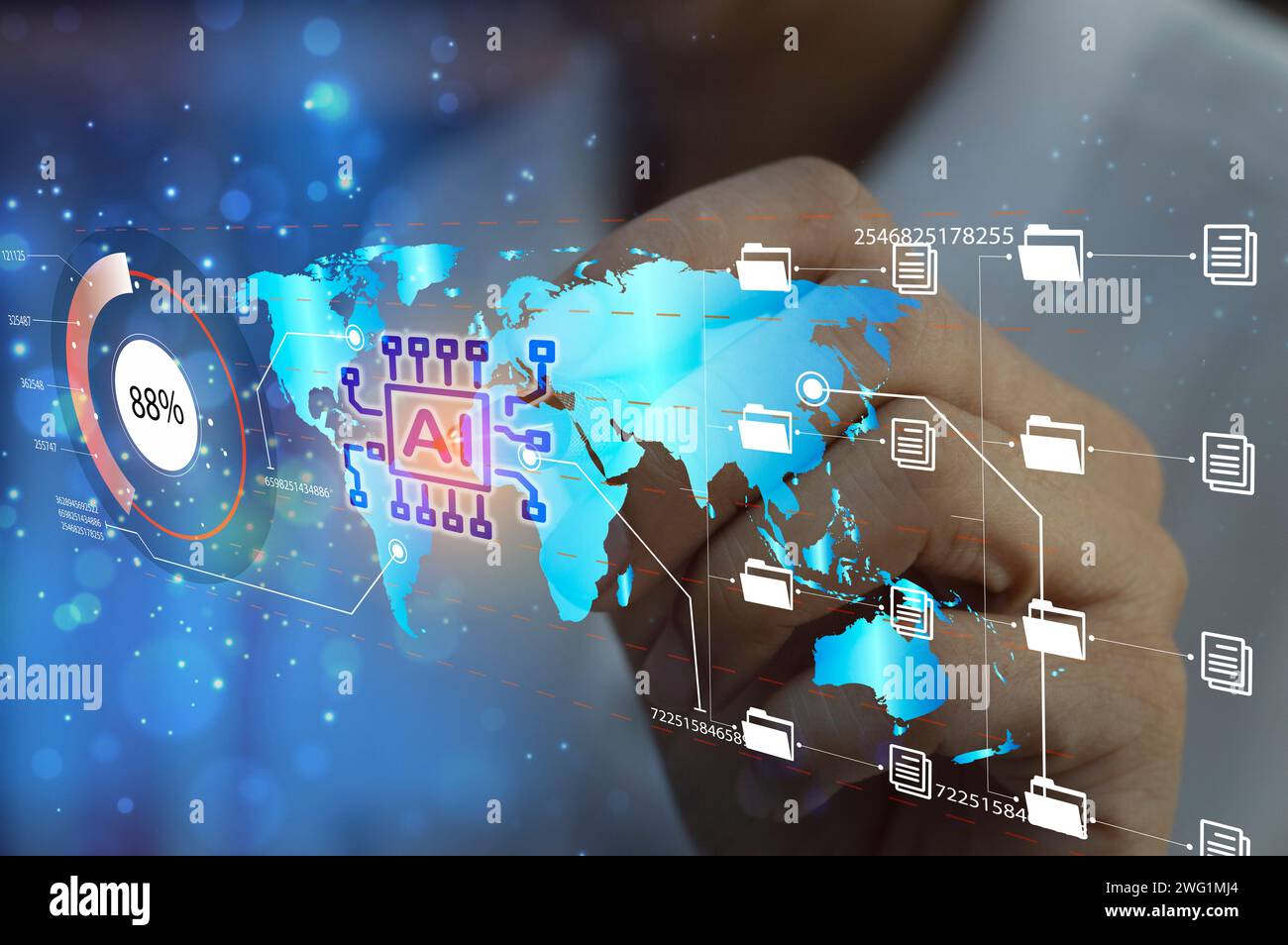 Ai tech, businessman show virtual graphic Global Internet connect Chat with AI, Artificial ...