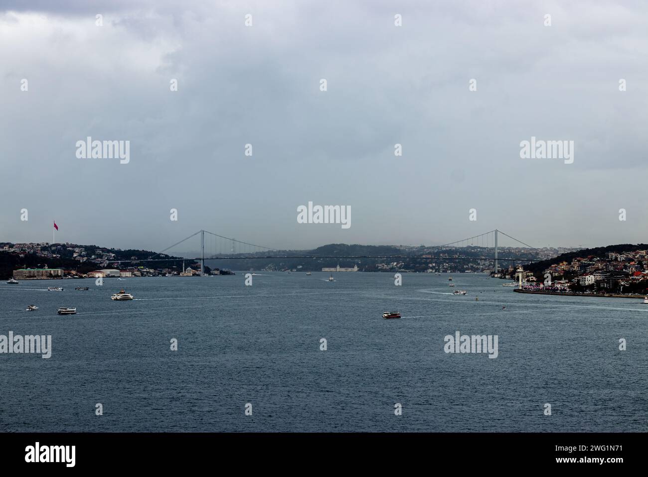 The expansive Bosphorus Strait of Istanbul under a cloudy sky ...