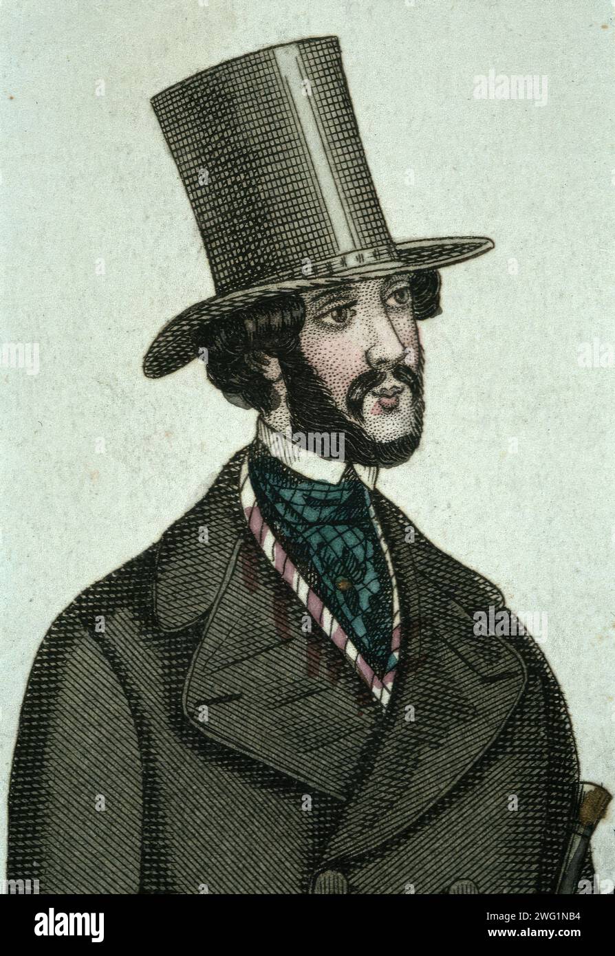 Bearded man wearing tall hat and coat with wide lapels, 1843. Detail of ...