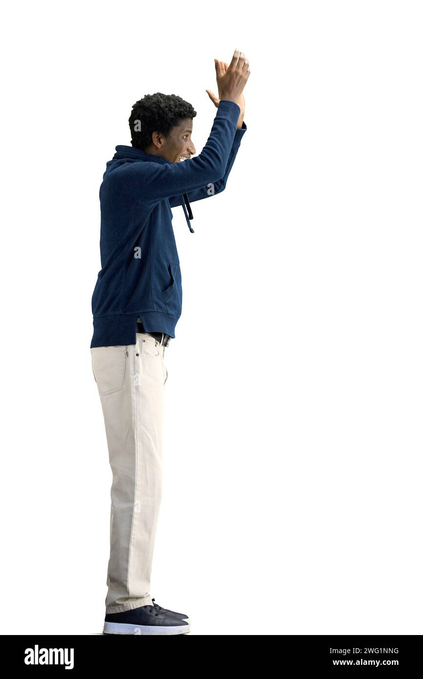 A man, full-length, on a white background, claps Stock Photo - Alamy