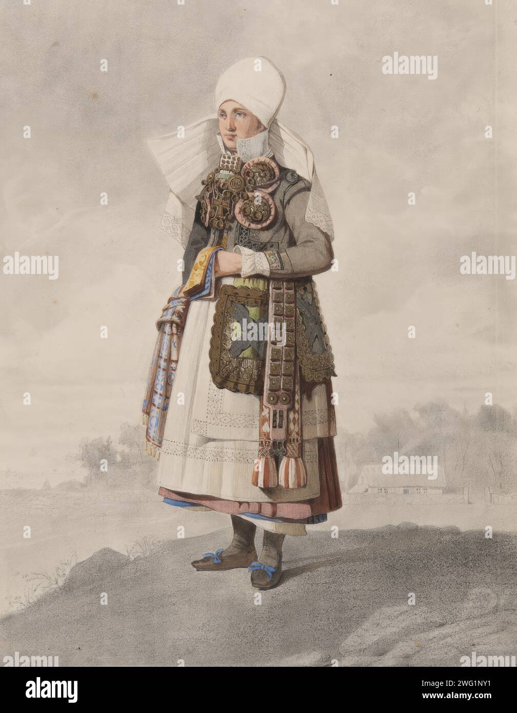 Full-length woman in costume with landscape in the background, 1810 ...