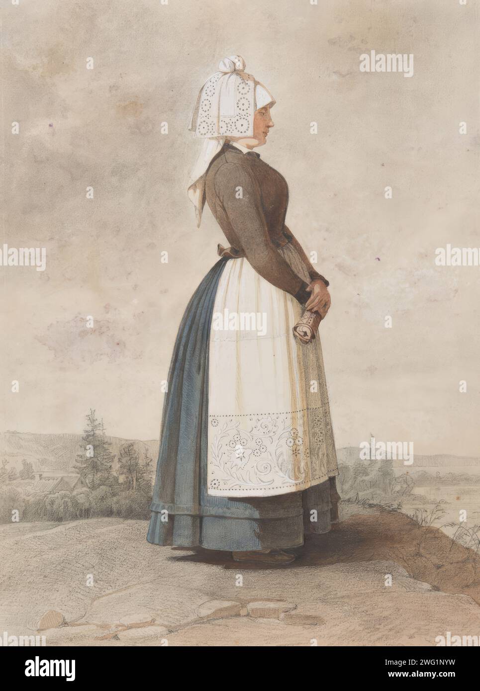 Apparel - woman standing in full figure folk costume with white apron ...