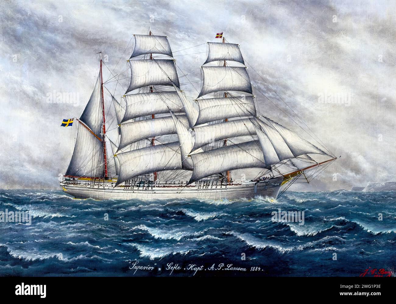 Barque Superior, 1936. The barque "Superior" at sea. Sails from left to ...